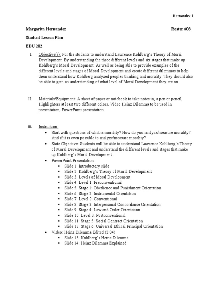 Kohlbergs Moral Development Lesson Plan | PDF | Cognition | Psychology