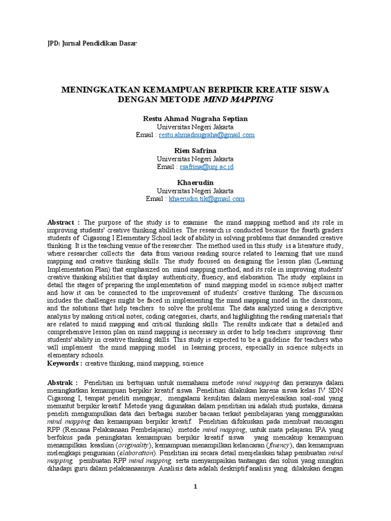 Artikel Meningkatkan Kemampuan Berpikir Kreatif Siswa Dengan Metode Mind Mapping | PDF ...
