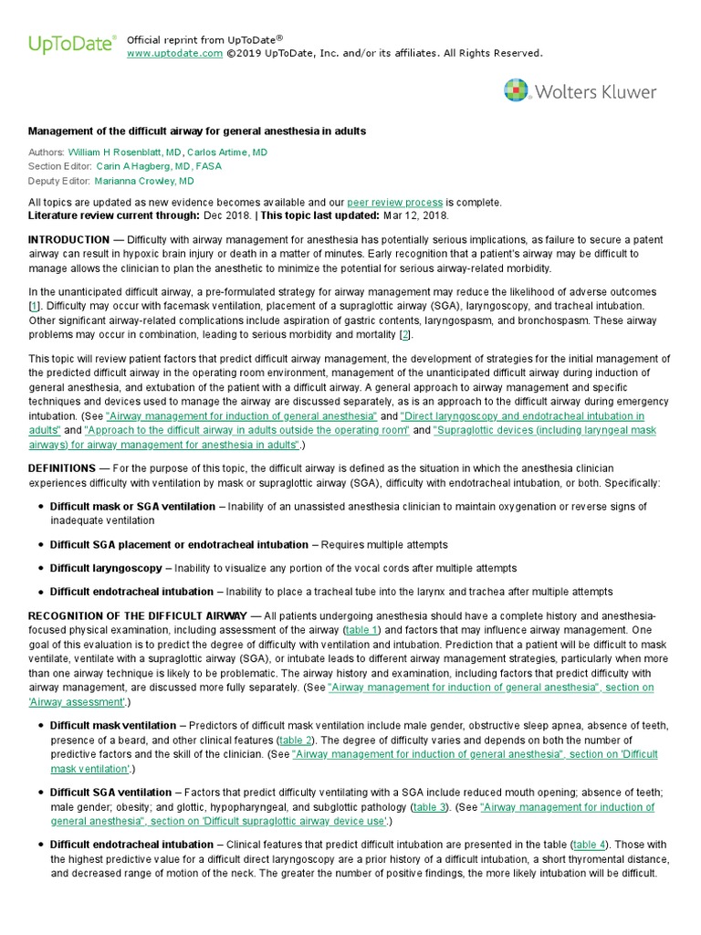 Management of The Difficult Airway For General Anesthesia in Adults ...