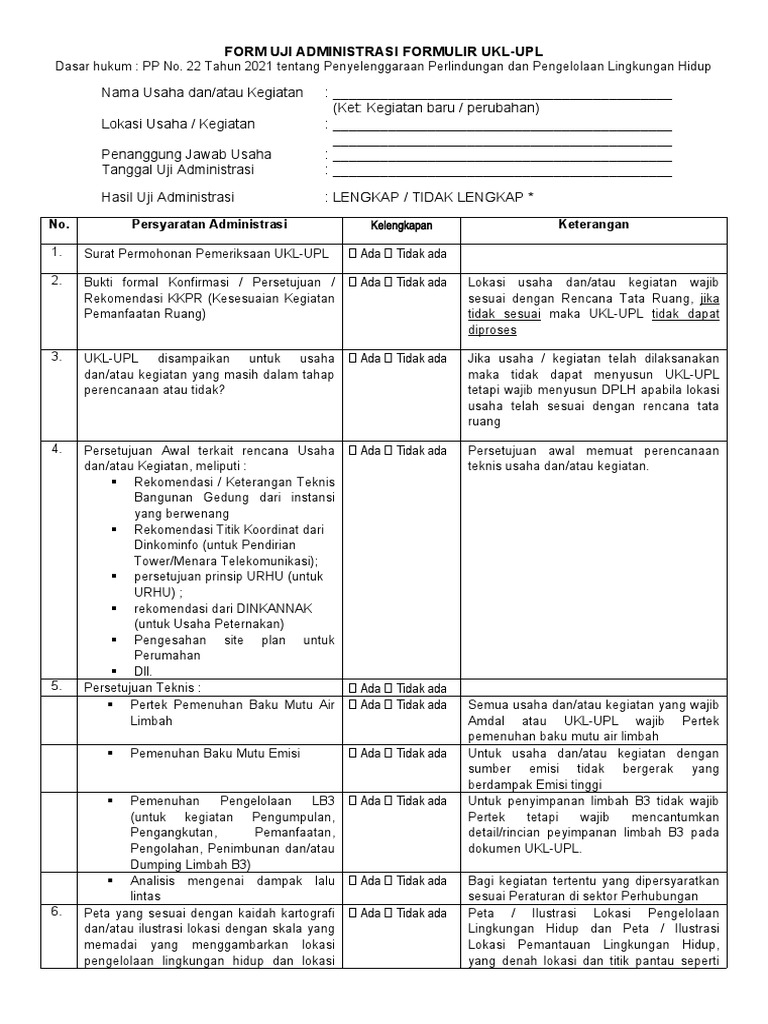 Form Uji Administrasi Formulir Ukl-Upl 2021 | PDF