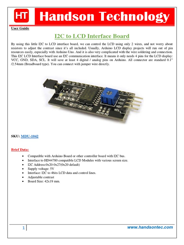 Handson Technology: I2C To LCD Interface Board | PDF | Arduino | Computing