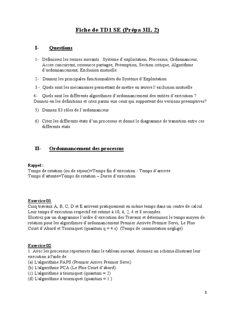 Fiche de TD SE | PDF | Ordonnancement dans les systèmes d'exploitation ...