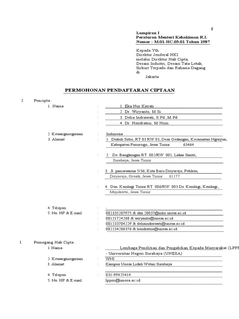 Contoh Pengisian Form HKI-1 | PDF