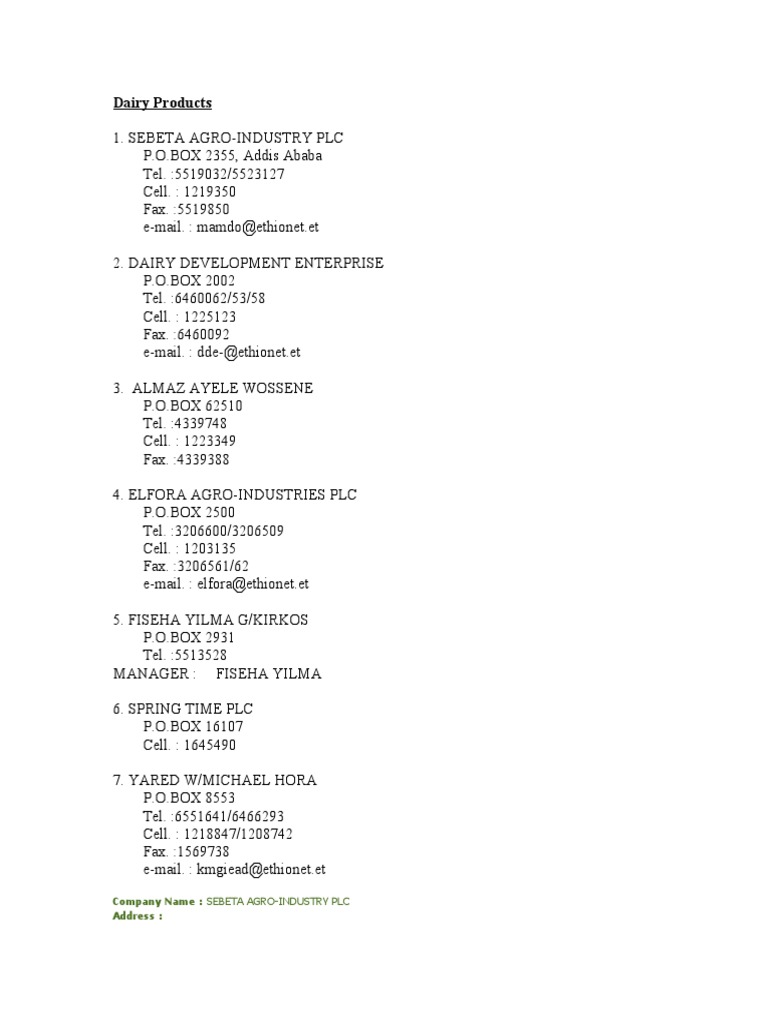 Dairy Products: Company Name: Sebeta Agro-Industry PLC Address | PDF ...