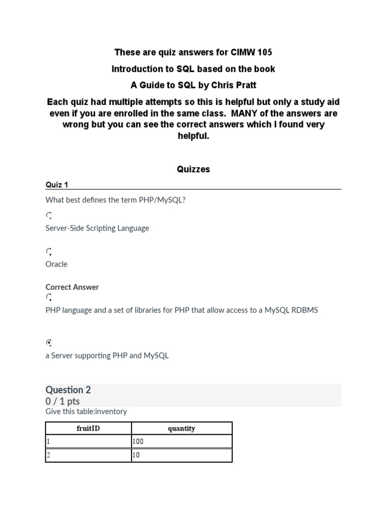 Quizzes For SQL | PDF | Relational Database | Table (Database)