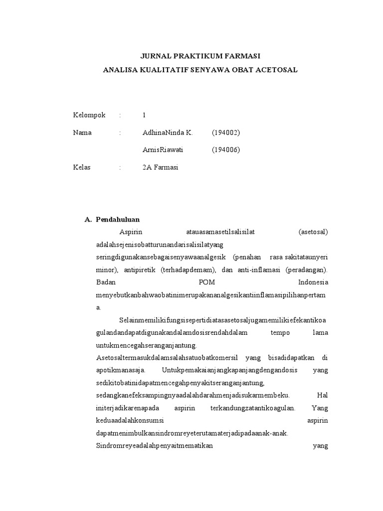 Analisis Kualitatif Asetosal dalam Farmasi | PDF | Pengembangan Diri ...