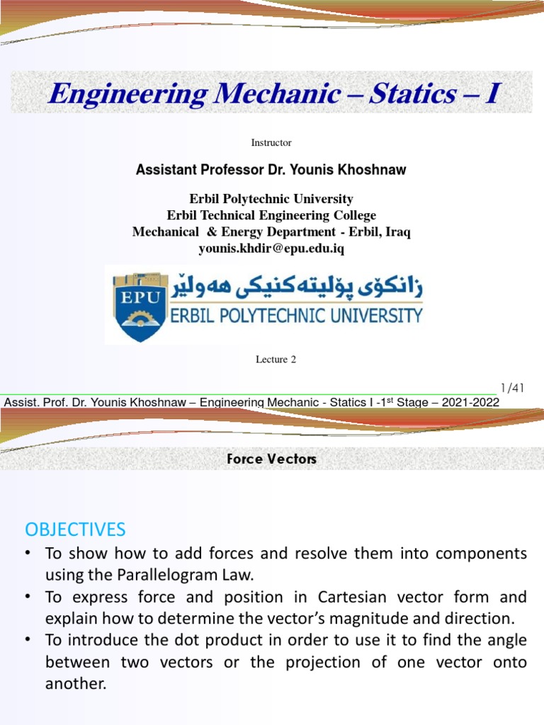 Lecture - 2-3 Engineering Mechanic I 2021-2022 | PDF | Euclidean Vector | Force