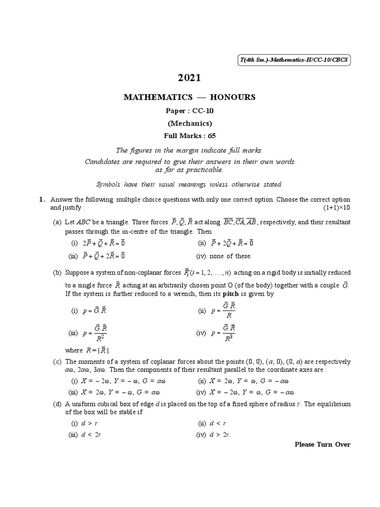 Cu Math H CC10 2021 | PDF | Force | Acceleration
