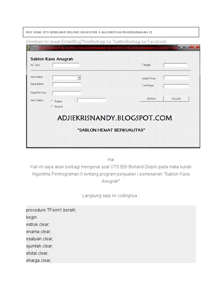 Bsi Soal Uts Borland Delphi Semester 4 Algoritma Pemrograman II | PDF