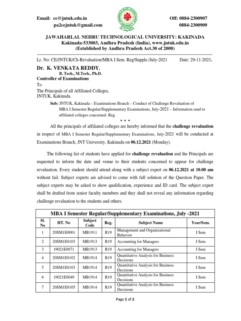 JNTUK Challenge Revaluation for MBA Students | PDF