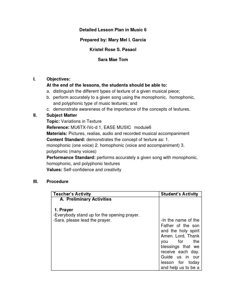 Grade 6 Music Lesson: Texture Variations | PDF | Elements Of Music ...