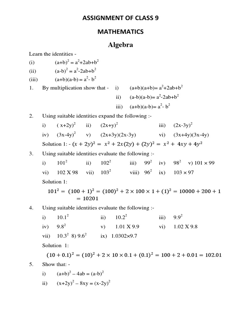 Assignment of Class 9 Mathematics: Algebra | PDF | Mathematics | Algebra