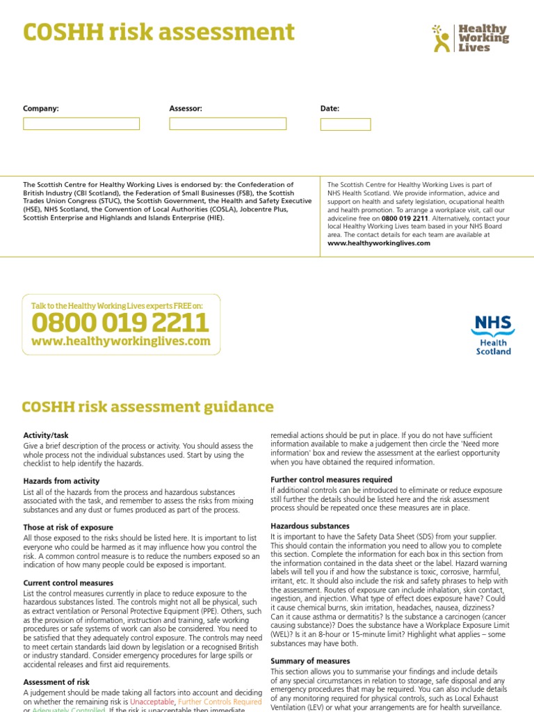 COSHH Risk Assessment Form | PDF | Toxicity | Occupational Safety And ...