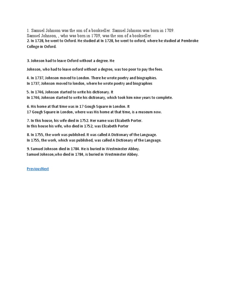 Samuel Johnson Was The Son of A Bookseller. Samuel Johnson Was Born in ...