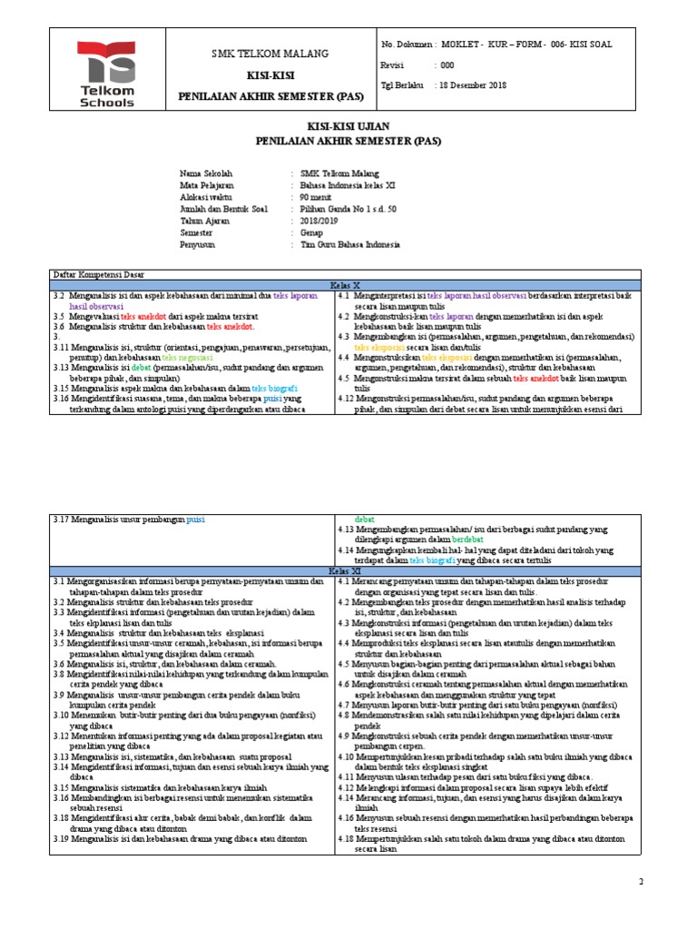 Kisi Soal - Bahasa Indonesia-XI | PDF