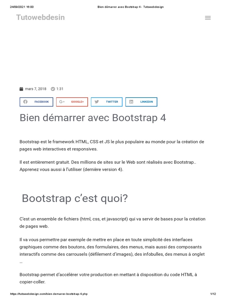 Bien Démarrer Avec Bootstrap 4 - Tutowebdesign | PDF | Bootstrap (Front End Framework) | Internet