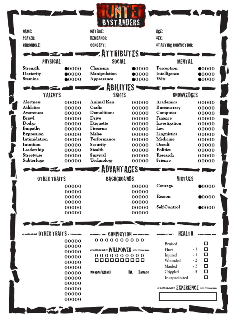 Hunter The Reckoning Bystander Character Sheet | PDF | Role Playing ...