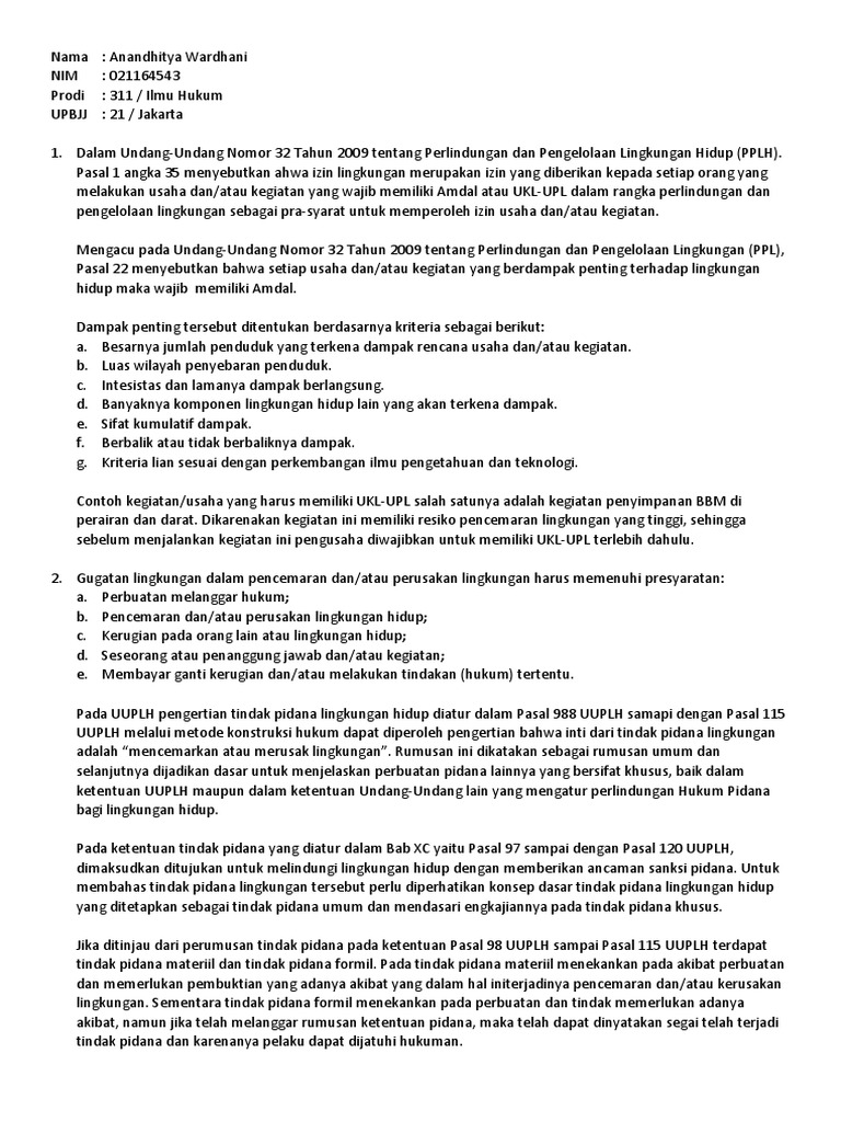 Tugas 2 HKUM4210 Hukum Lingkungan | PDF