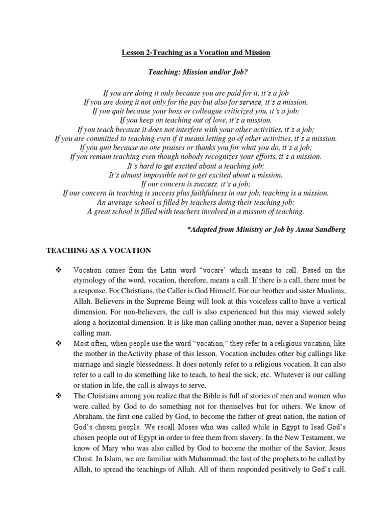 Lesson 2-Teaching As A Vocation and Mission | PDF | Jesus | Moses