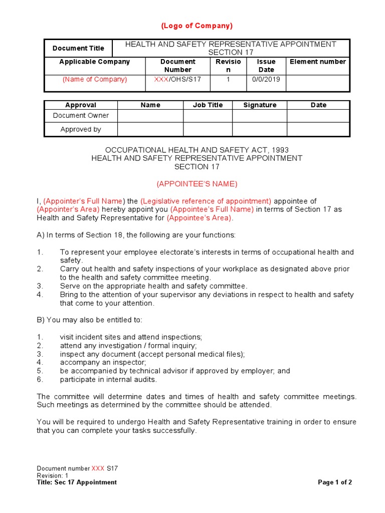Sec 17 - H & S Appointment | PDF | Occupational Safety And Health ...