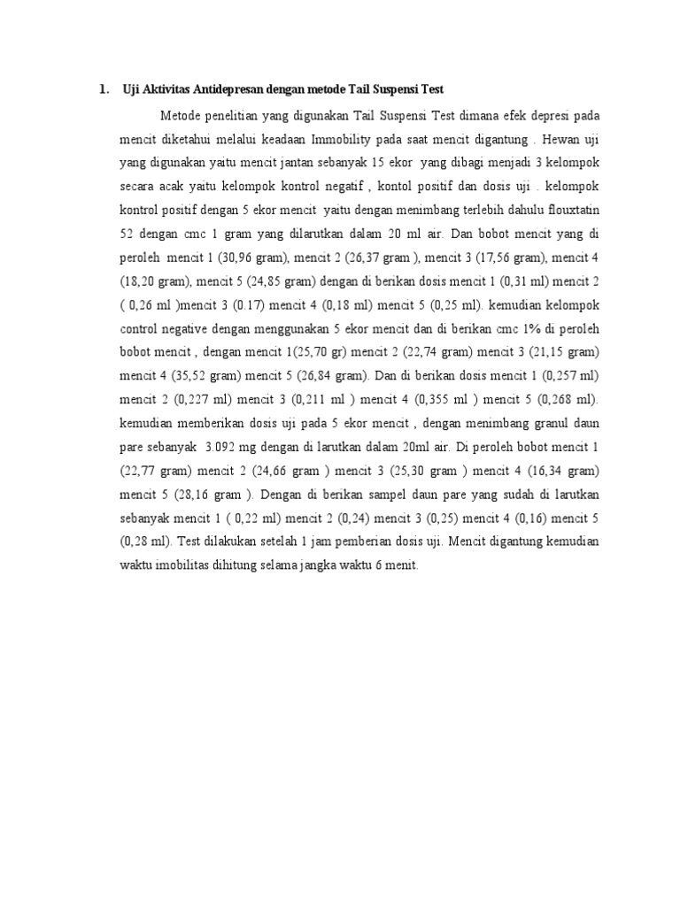 Uji Aktivitas Antidepresan Dengan Metode Tail Suspensi Test | PDF