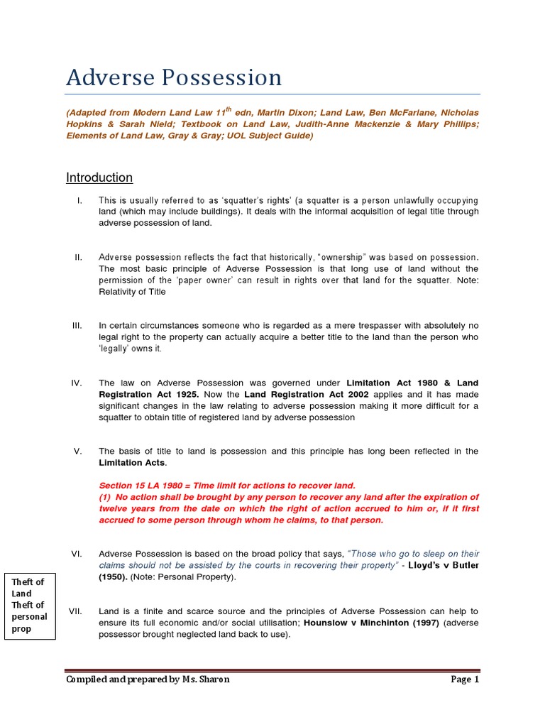 Adverse Possession: Legal Overview | PDF | Adverse Possession | Land Law