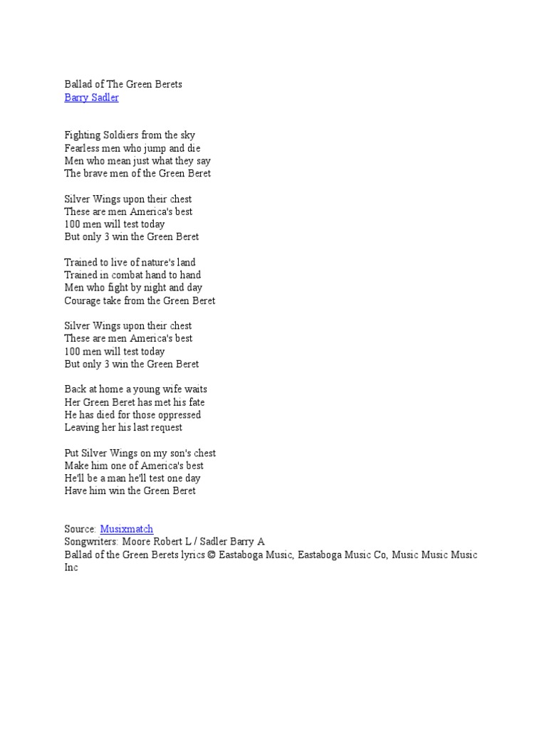 Ballad of The Green Berets - Barry Sadler | PDF