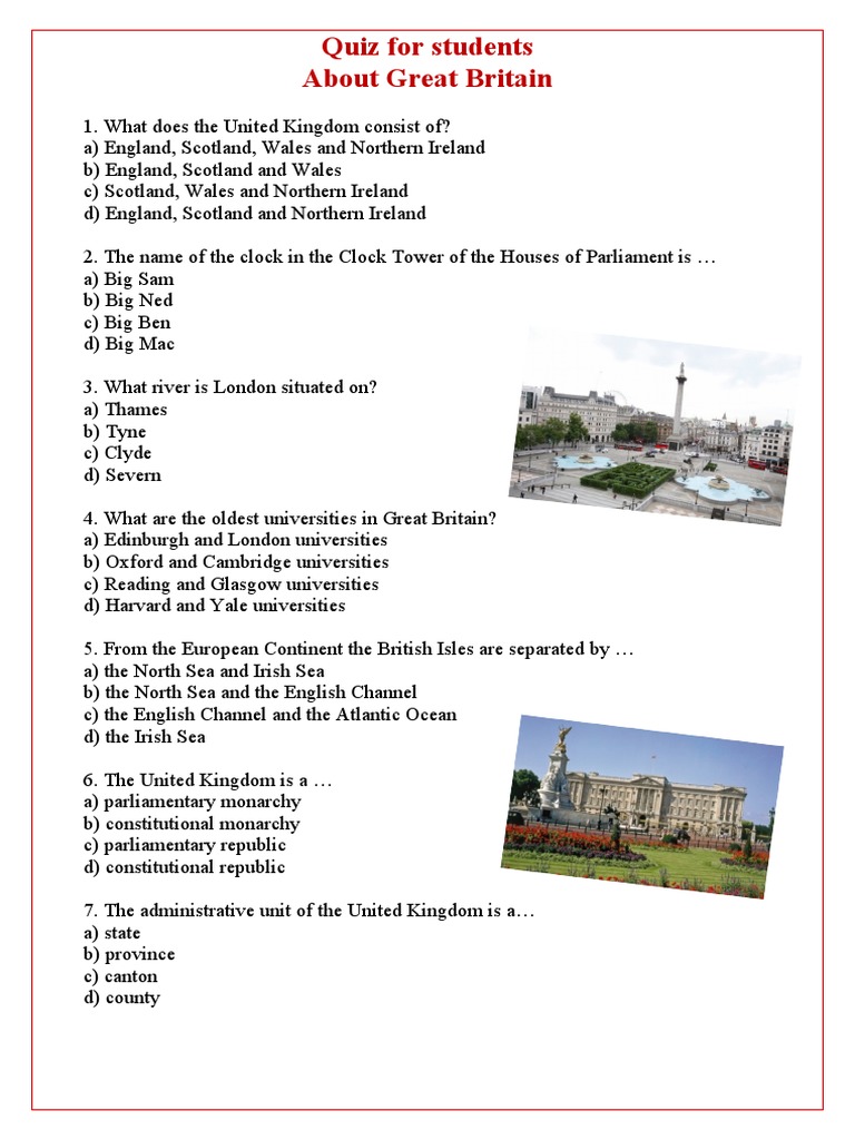 Great Britain Quiz for Students | PDF | United Kingdom | England