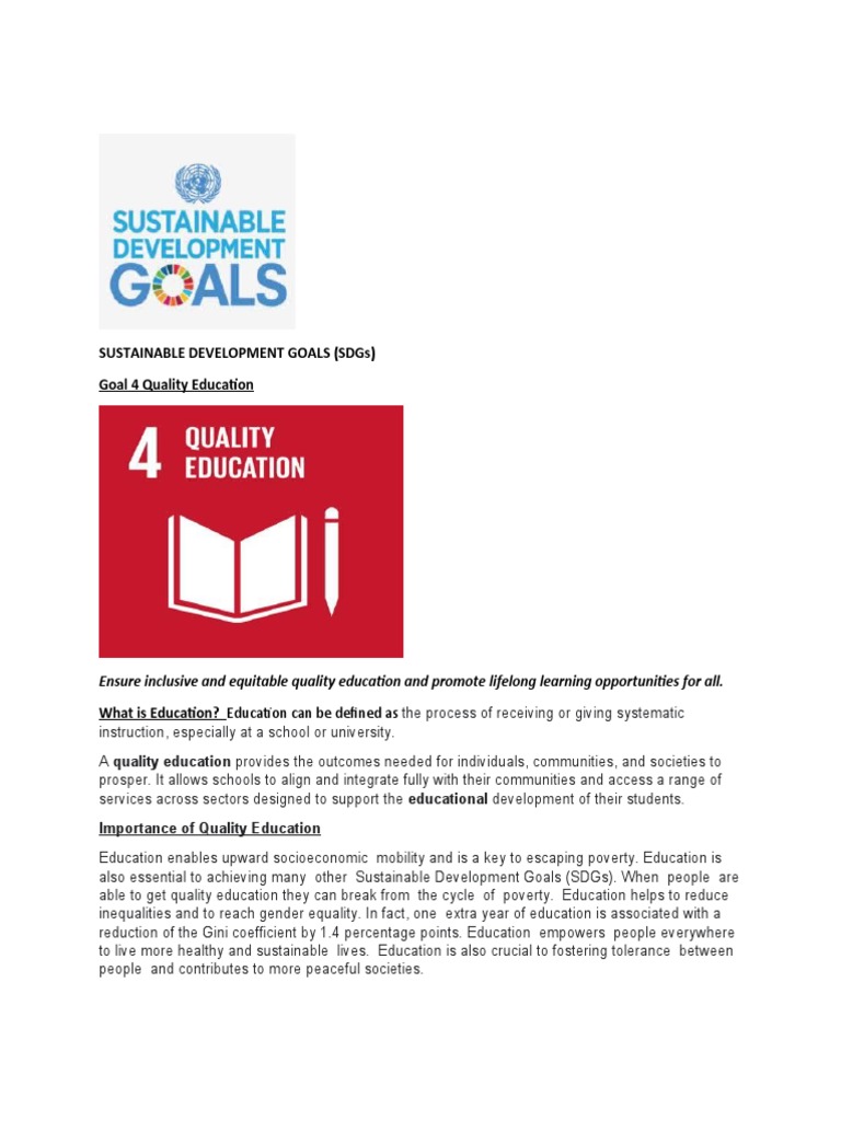 Sustainable Development Goals (SDGS) Goal 4 Quality Education | PDF