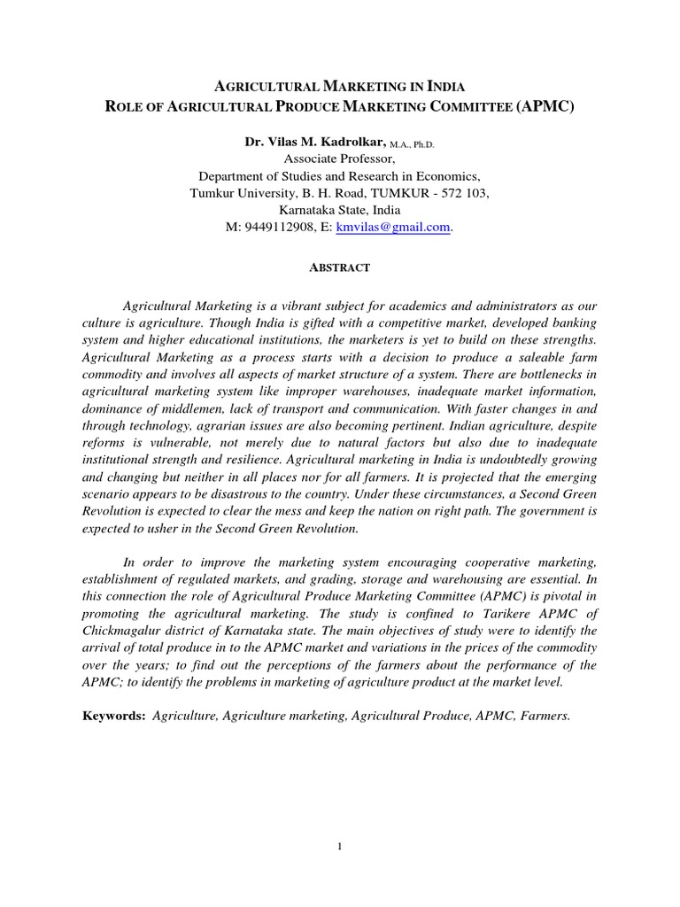 A M I R A P M C (APMC) : Dr. Vilas M. Kadrolkar | PDF | Agriculture ...
