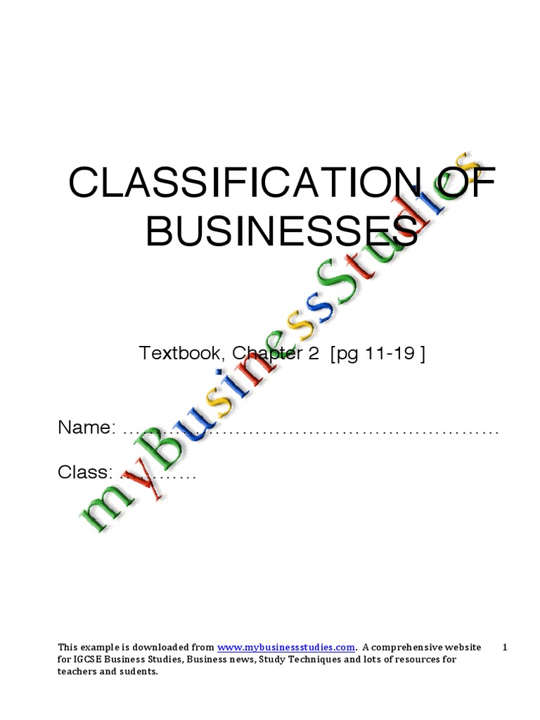 Classification of Businesses: Textbook, Chapter 2 (PG 11-19) | PDF ...