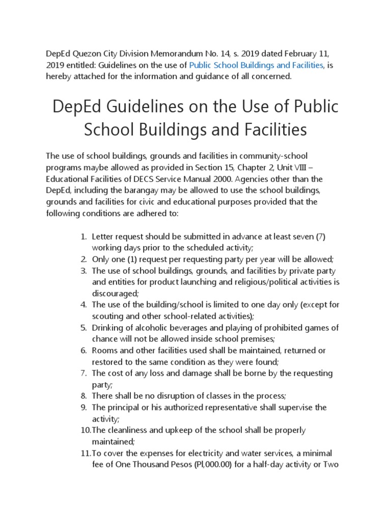 Deped Guidelines On The Use of Public School Buildings and Facilities ...