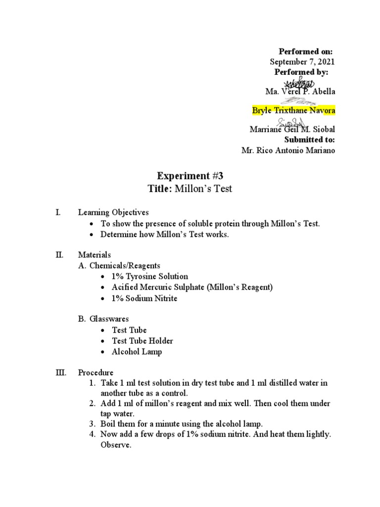 Experiment #3 Title: Millon's Test: Performed On: Performed by | PDF ...
