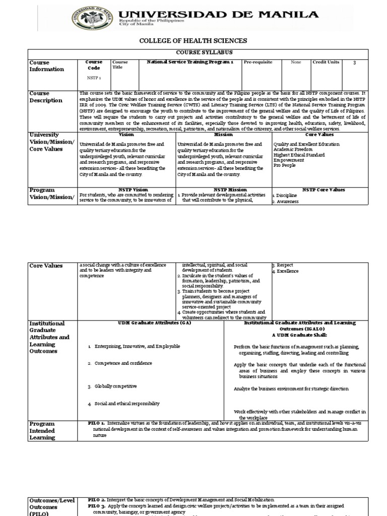 College of Health Sciences: Course Syllabus Course Information | PDF ...