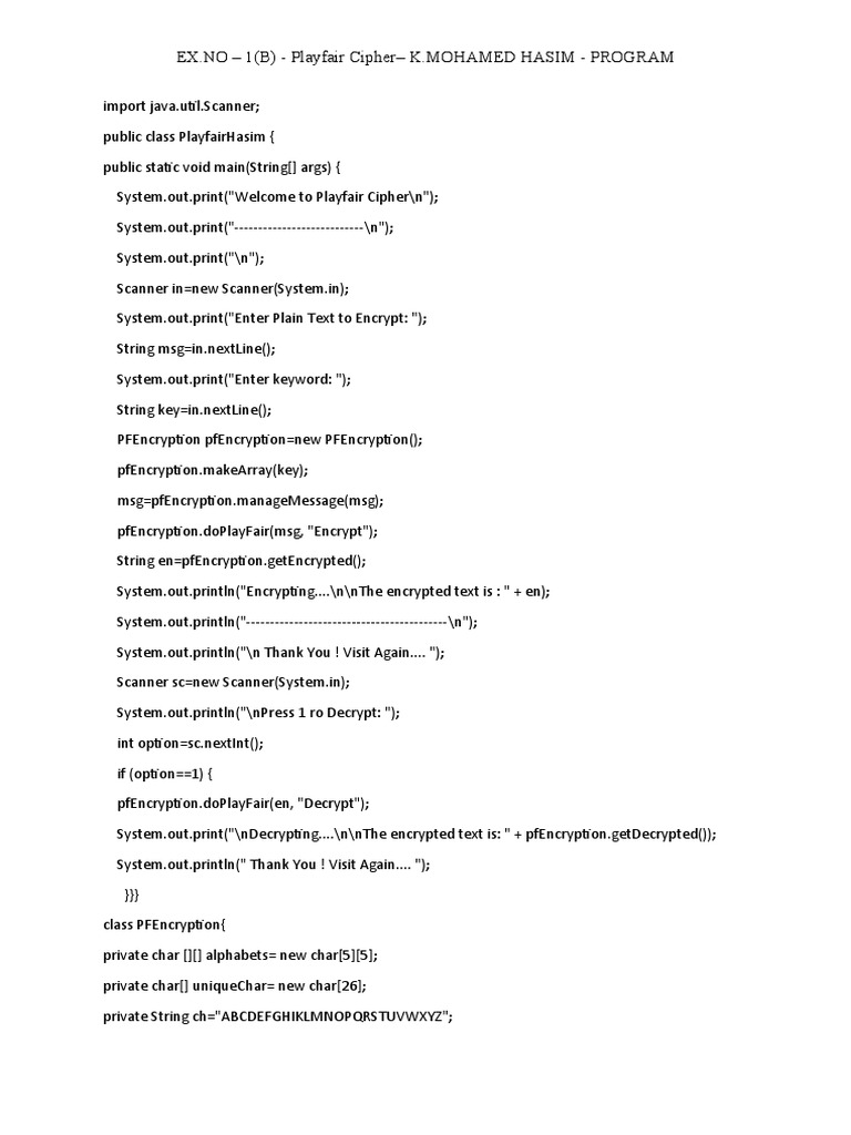EX - NO - 1 (B) - Playfair Cipher - K.MOHAMED HASIM - PROGRAM | PDF | Encryption | Computing