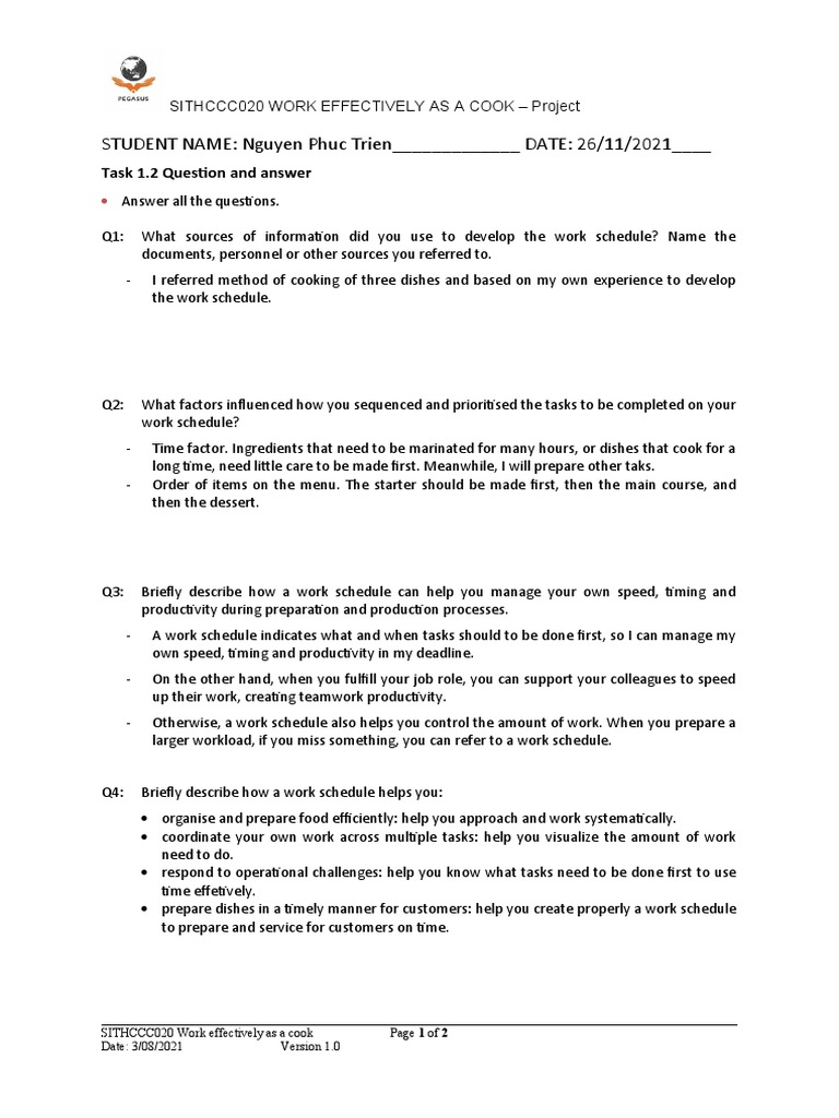 Work Schedule Questions For Assessment 1 (3079) | PDF