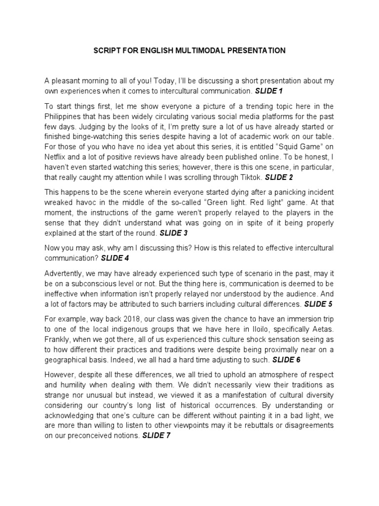 English Multimodal Presentation Script | PDF | Communication | Cross Cultural Communication