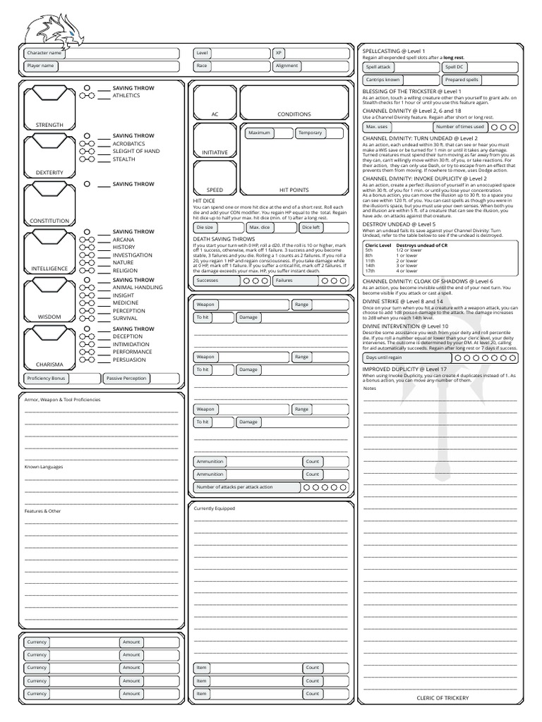 Cleric Level 1 Character Sheet: Trickery Domain | PDF | Role Playing ...