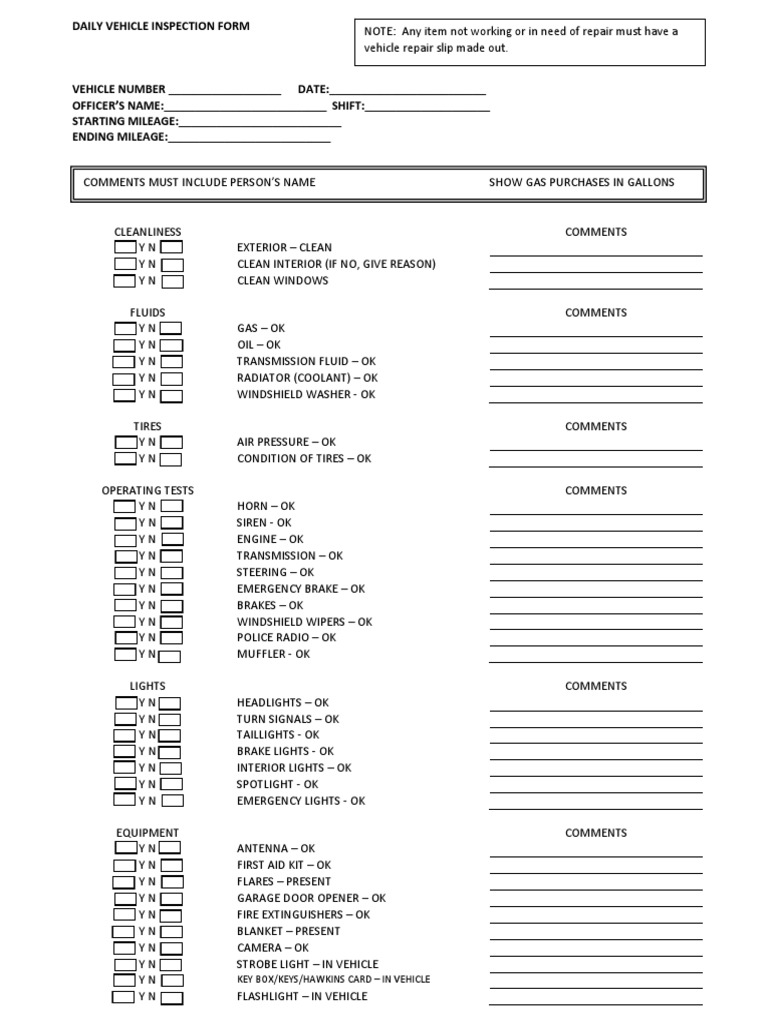 Daily Vehicle Inspection Form | PDF | Vehicles | Motor Vehicle