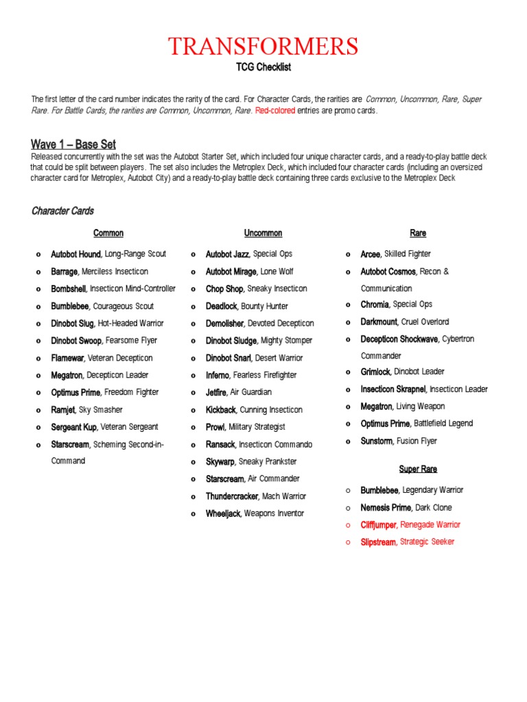 TRANSFORMERS TCG Checklist (Printable) | PDF | Transformers (Franchise ...