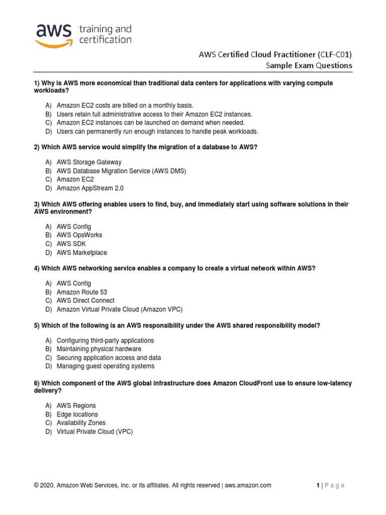 Sample AWS Certified Cloud Practitioner Exam Questions and Answers | PDF