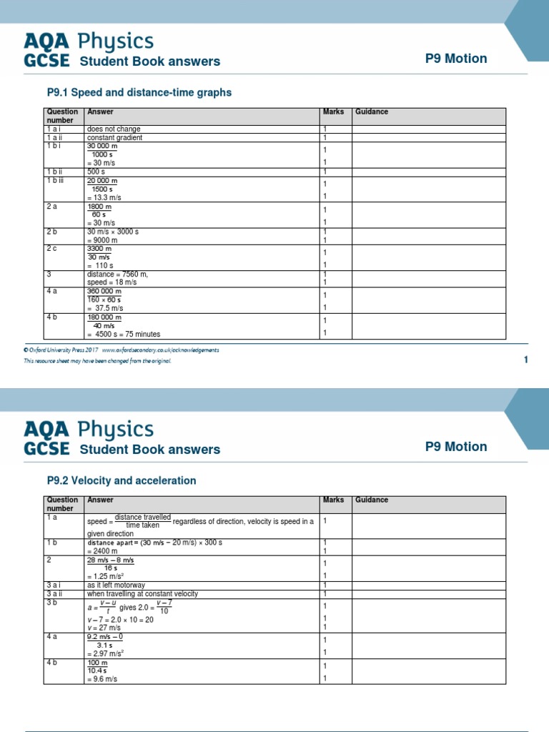 P9 Motion Student Book Answers: P9.1 Speed and Distance-Time Graphs ...