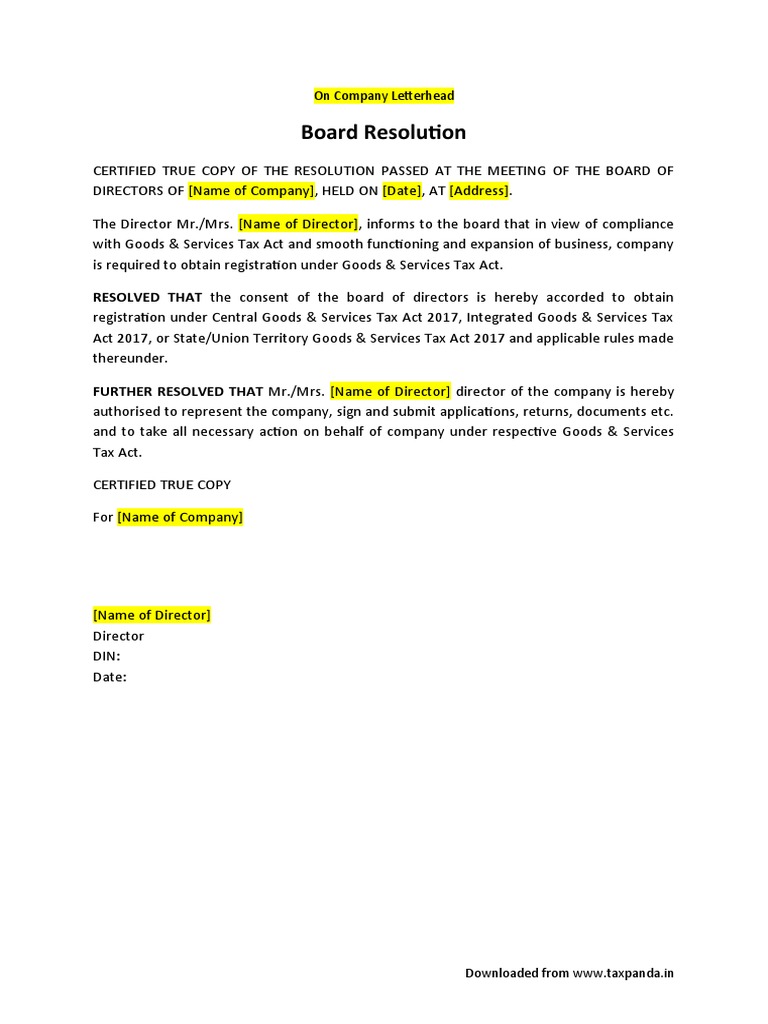 Board Resolution For GST Registration in Word Format | PDF