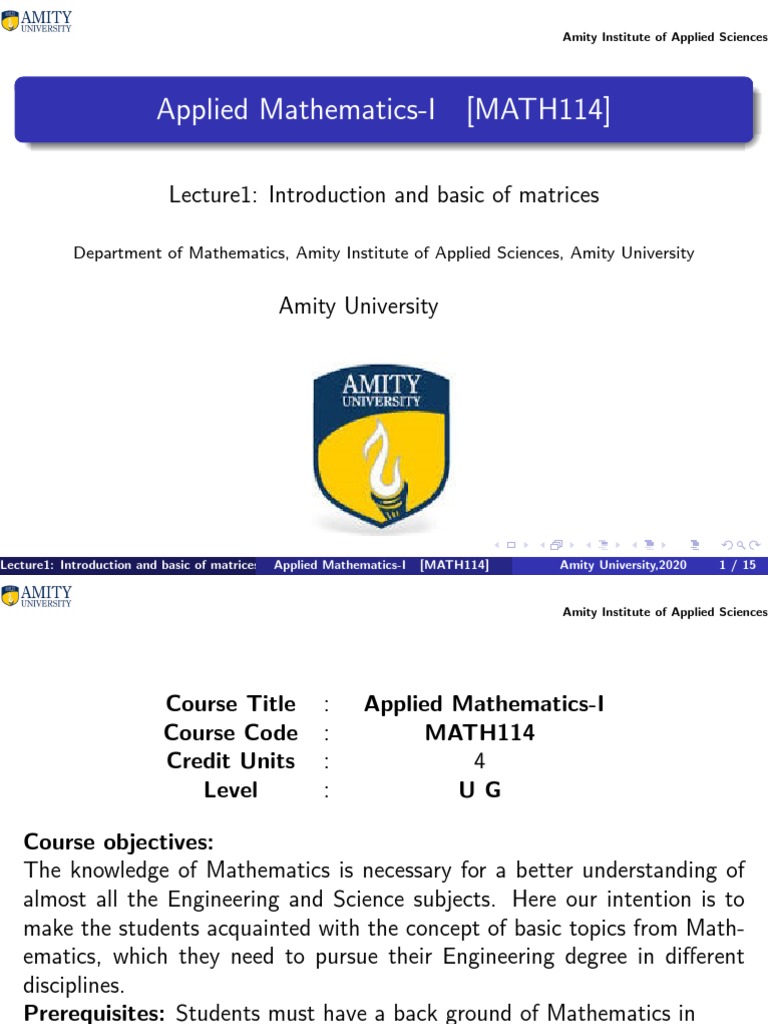 Applied Mathematics-I (MATH114) : Lecture1: Introduction and Basic of Matrices | PDF | Integral ...