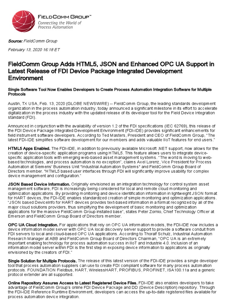 Fieldcomm Group Adds html5 Json and Enhanced Opc | PDF | Web Application | Cloud Computing