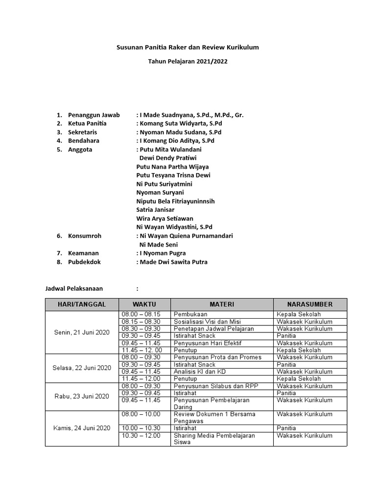 Susunan Panitia Raker Dan Review Kurikulum | PDF