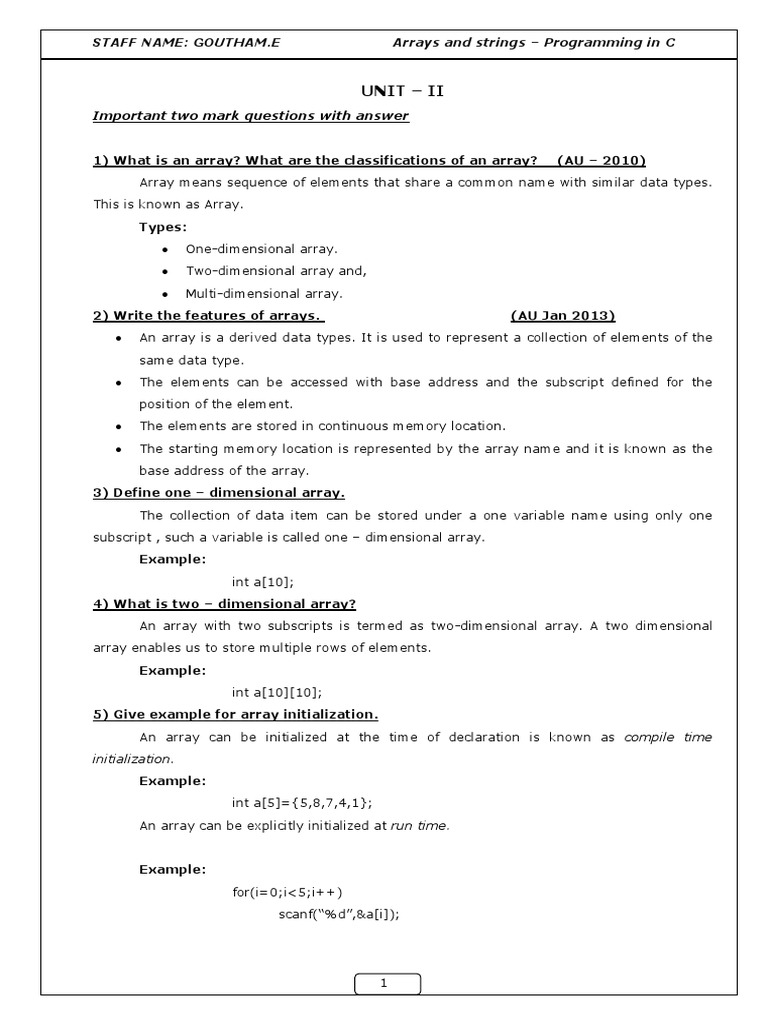 Unit - Ii: Important Two Mark Questions With Answer | Download Free PDF | Array Data Structure ...