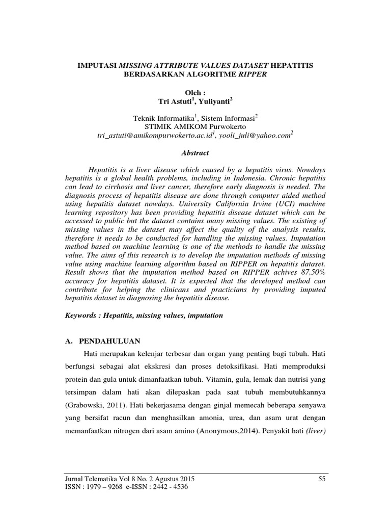 Imputasi Missing Attribute Values Dataset Hepatitis Berdasarkan Algoritme Ripper Oleh: Tri ...