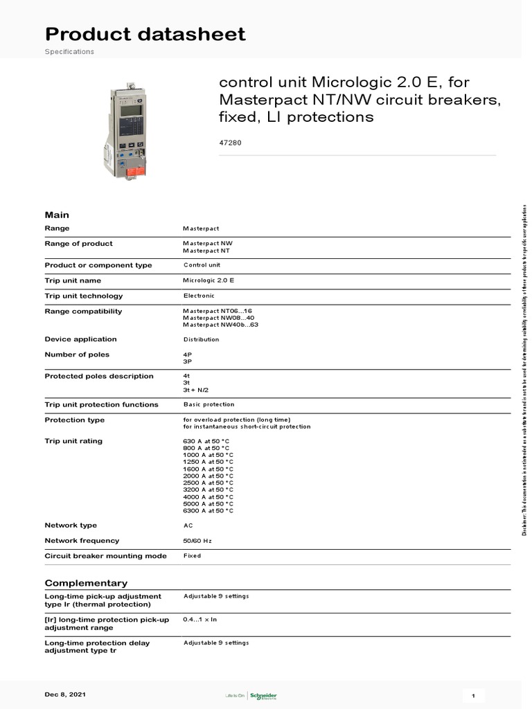 Product Datasheet: Control Unit Micrologic 2.0 E, For Masterpact NT/NW ...