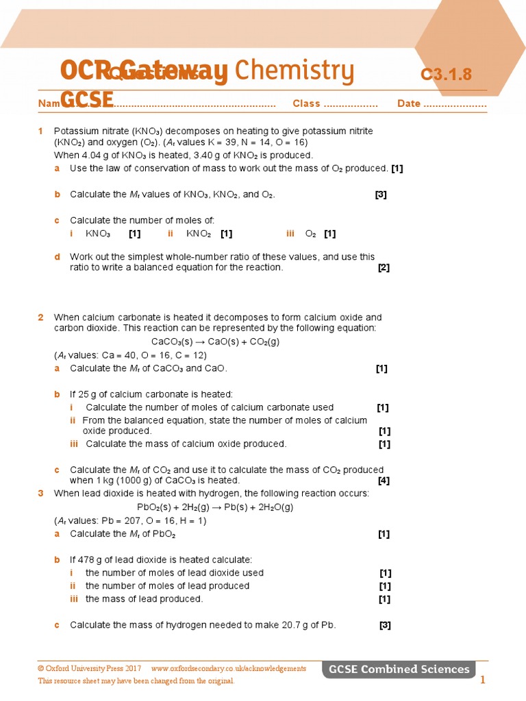 Chemistry Recap Mole Calculations | PDF | Materials | Metallic Elements